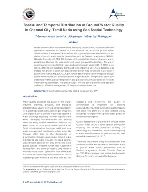 Pdf Spatial And Temporal Distribution Of Ground Water Quality In Chennai City Tamil Nadu