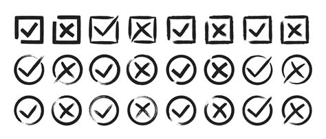 Dirty Grunge Cross X And Tick Ok Check Marks Set In Check Boxes Hand Drawn With Brush Strokes
