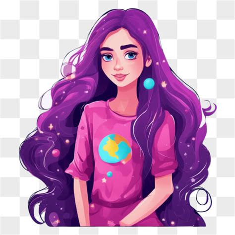Baixe Garota De Desenho Animado Com Cabelos Roxos E Camiseta De Planeta