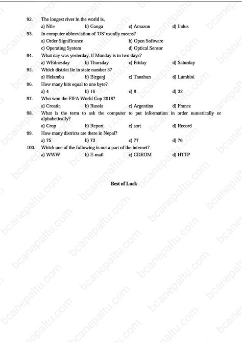 Bca Entrance Practice Old And Model Set Questions Bca Nepal
