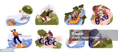 익스트림 휴가 세트 아드레날린이 솟구치는 여름 스포츠 액션 취미를 좋아하는 다른 사람들 사람들은 엔듀로 등산 점프 서핑 바다 산에서의 활동을합니다 흰색에 평면 격리 벡터