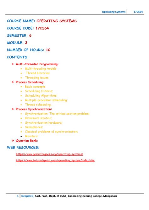 Module Computer Science Engineering Notes Vtu For Schemes COURSE NAME OPERATING