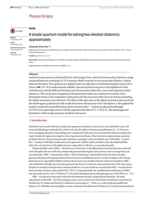 A Simple Quantum Model For Solving Two Electron Diatomics Approximately