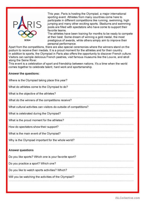 Easy Reading Olympiad In Paris Gen… English Esl Worksheets Pdf And Doc