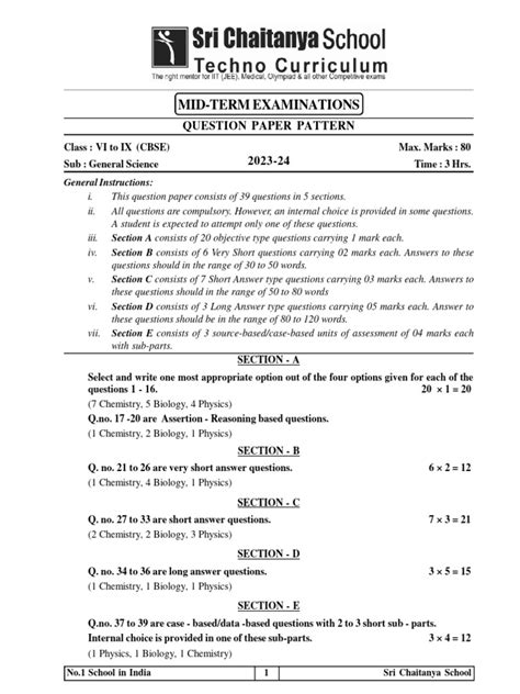 Cbse Class Ix Class Science Midterm Qp Pattern Pdf
