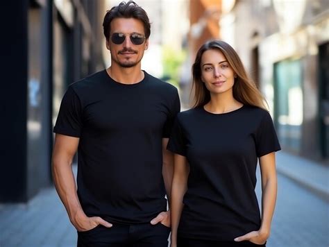 Premium Photo A Couple Babefriend And Girlfriend Wearing Blank Black Matching Tshirts Mockup
