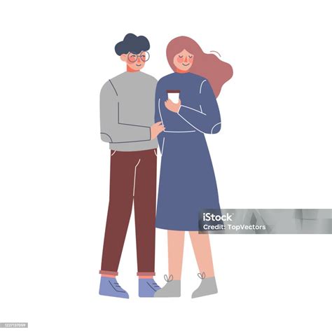 행복한 커플 사랑 젊은 여자와 남자 포옹 여자 들고 종이 컵 의 커피 벡터 일러스트 귀여운에 대한 스톡 벡터 아트 및 기타