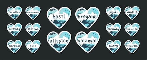 향신료 및 허브 스티커 또는 주방 항아리 용기 패키지 등을 표시하기위한 식품 라벨 귀여운 다채로운 하트 모양의 프레임 컬렉션 벡터 일러스트 레이 션 검은색에 대한 스톡 벡터