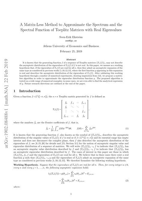 Pdf A Matrix Less Method To Approximate The Spectrum And The Spectral Function Of Toeplitz