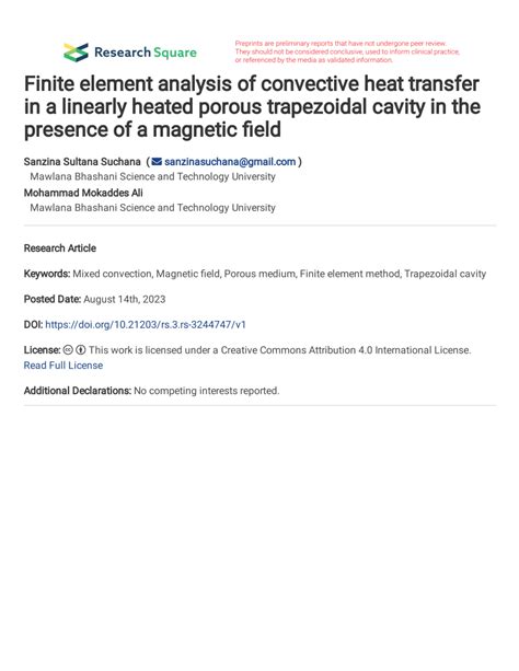 Pdf Finite Element Analysis Of Convective Heat Transfer In A Linearly Heated Porous