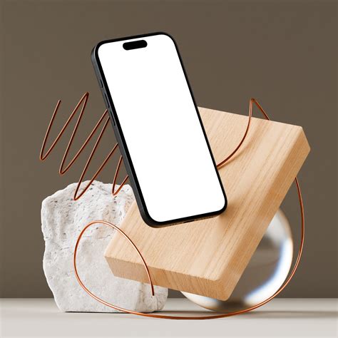 Floating Iphone 15 Pro Mockup With Wood And Glass Props