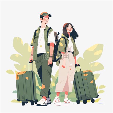 扁平插画风格旅游度假人物绿色旅行装情侣素材图片免费下载 千库网