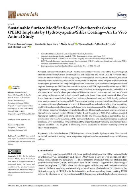 Pdf Sustainable Surface Modification Of Polyetheretherketone Peek Implants By Hydroxyapatite