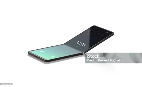블랭크는 유연한 클램 쉘 전화 디스플레이 반쯤 접힌 모형을 켰습니다 Brand Name Smart Phone에 대한 스톡 사진 및 기타 이미지 Brand Name