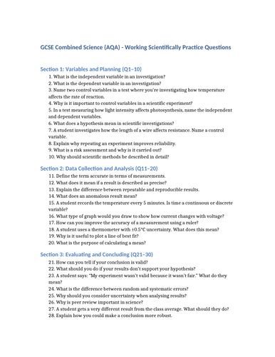 Gcse Aqa Science Working Scientifically Practice Questions Teaching