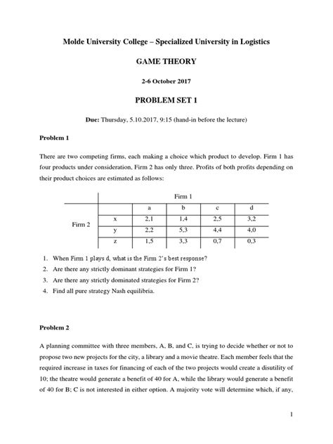 1 Game Theory Problem Set 1 2017 Pdf Mathematical And Quantitative Methods Economics