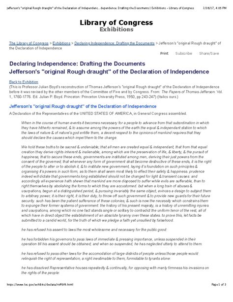 Jeffersons “original Rough Draught” Of The Declaration Of Independence