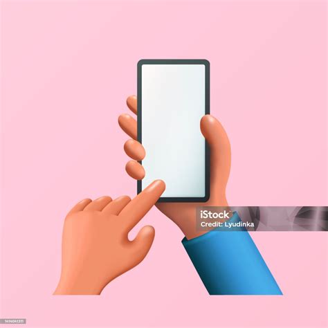 빈 흰색 화면으로 스마트 폰을 잡고 손 검지 만지기 3d 벡터 평면 스타일 만화 일러스트레이션 3차원 형태에 대한 스톡 벡터