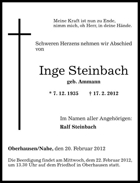 Traueranzeigen Von Inge Steinbach Rz Trauerde
