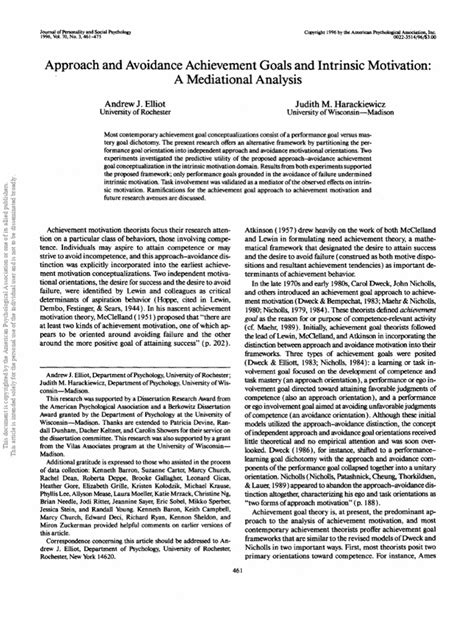 P Approach And Avoidance Achievement Goals And Intrinsic Motivation A Mediational Analysis
