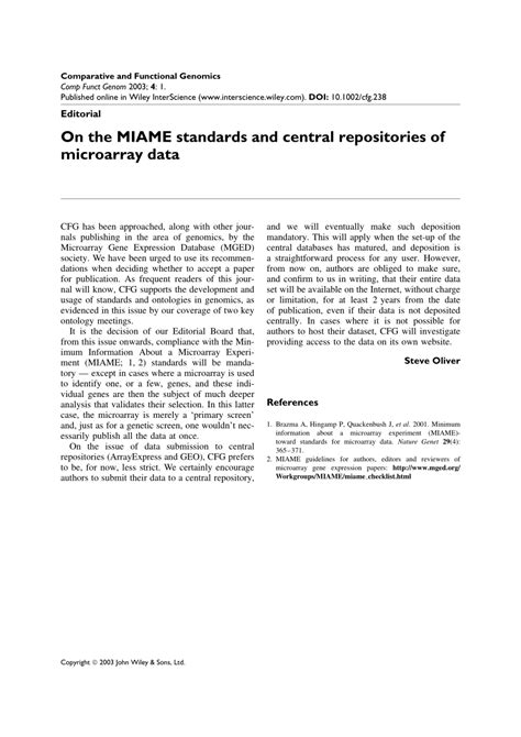 Pdf On The Miame Standards And Central Repositories Of Microarray Data