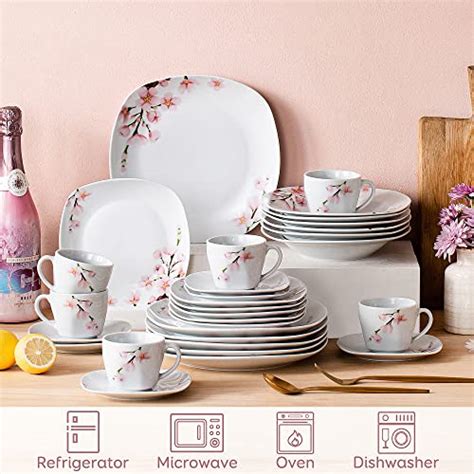 Veweet Series Annie 30 Piece Porcelain Dinnerware Set With Pink Floral Pattern White Plates