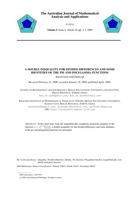 Pdf A Double Inequality For Divided Differences And Some Identities Of The Psi And Polygamma