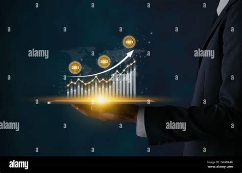 Stock Market Bar Chartline Graph Trend And 2023 Icon On Tablet In
