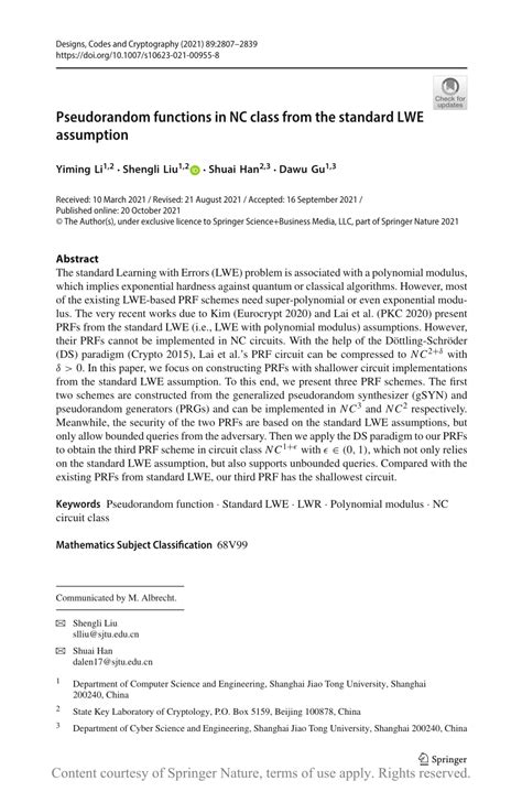 pseudorandom functions in nc class from the standard lwe assumption request pdf