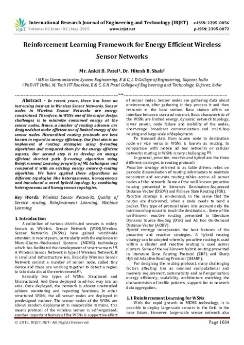 Pdf Irjet Reinforcement Learning Framework For Energy Efficient Wireless Sensor Networks
