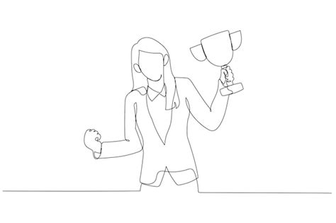 트로피 성공을 들고 있는 사업가의 만화는 승진을 얻습니다 단일 라인 아트 스타일 프리미엄 벡터