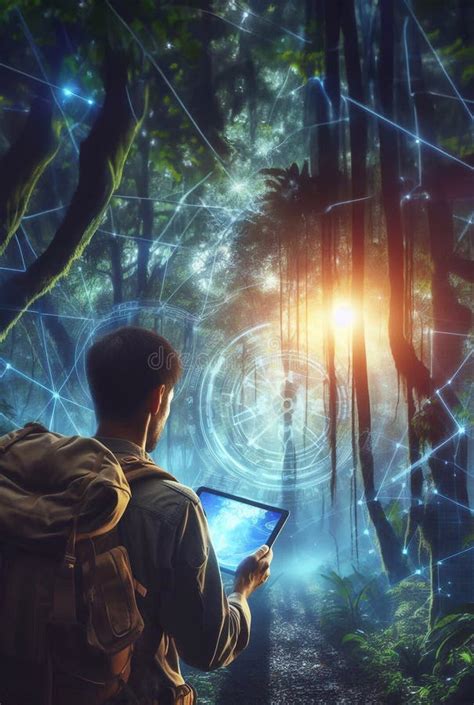 explorer using tablet with hologram graphics on large tropical forest