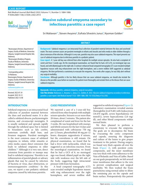 Pdf Massive Subdural Empyema Secondary To Infectious Parotitis A Case Report