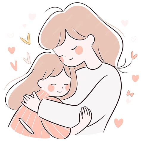 딸이 어머니를 포옹하는 귀여운 일러스트레이션 프리미엄 벡터