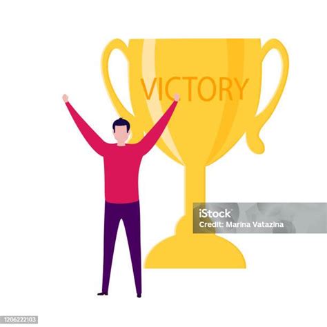 큰 황금 컵 플랫 벡터 일러스트 남자 남자가 1위를 차지합니다 트로피를 들고 있는 소년 성공과 경력 성장 목표 달성 경영자에 대한 스톡 벡터 아트 및 기타 이미지 Istock