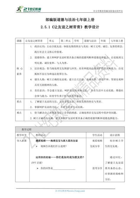 核心素养目标5 1让友谊之树常青 教学设计表格式 21世纪教育网 二一教育