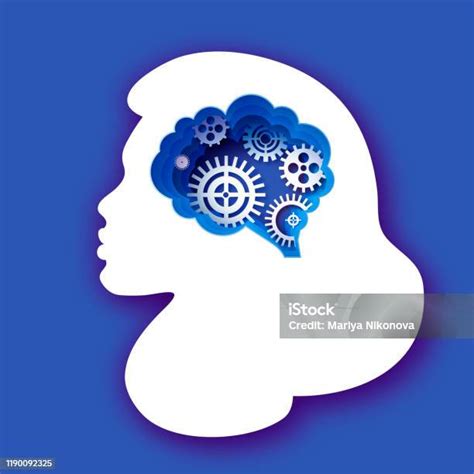 종이 컷 스타일로 여자를 생각 종이 접기 레이디 브레인 스토밍입니다 뇌 기어 및 톱니바퀴가 함께 작동합니다 종이 접기 두뇌와 사고 과정 좋은 생각 뇌 활동 통찰력 파란색