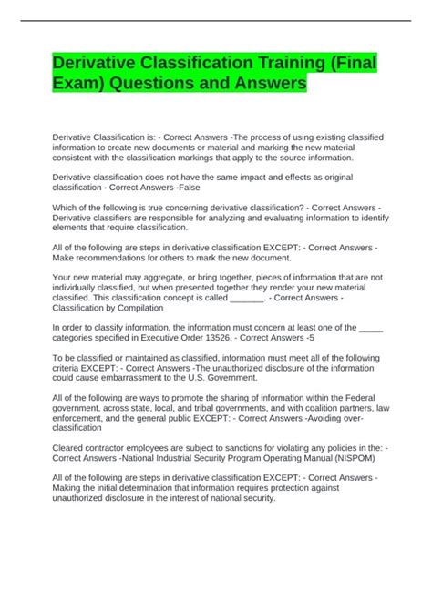 Derivative Classification Training Final Exam Questions And Answers