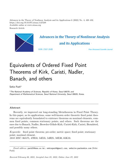 Pdf Equivalents Of Ordered Fixed Point Theorems Of Kirk Caristi Nadler Banach And Others