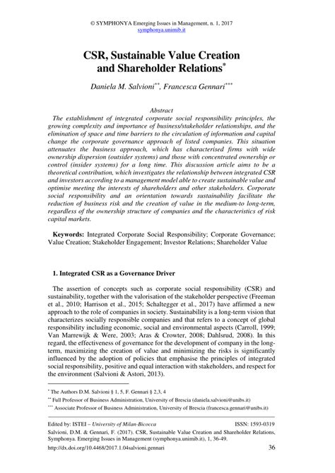 Pdf Csr Sustainable Value Creation And Shareholder Relations