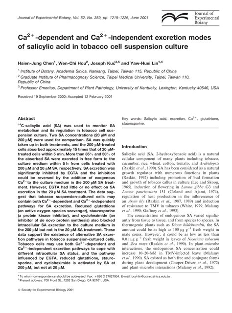 Pdf Ca2 Dependent And Ca2 Independent Excretion Modes Of Salicylic Acid In Tobacco Cell