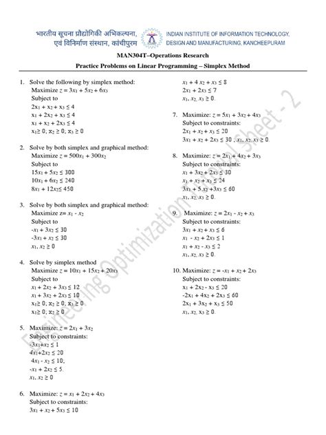 Man304t Operations Research Practice Problems1 Simplex Pdf
