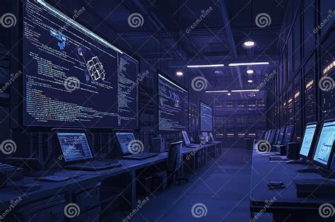 Advanced Technological Workspace With Multiple Computer Screens Displaying Code And Data During