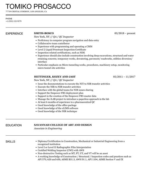 Qa Qc Inspector Resume Samples Velvet Jobs