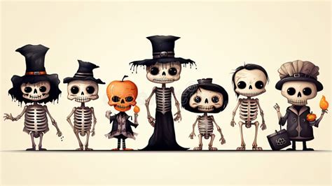 Adorable Skeletons In Halloween Costumes Stock Illustration
