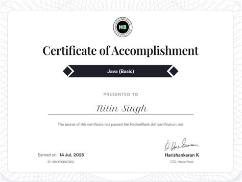 🎉 Successfully Completed The Java Basic Certification From Hackerrank Nitin Singh