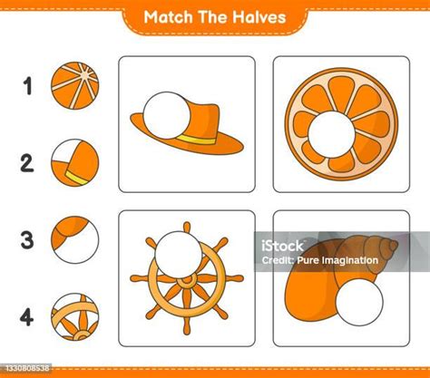 반쪽을 일치시다 여름 모자 오렌지 선박 스티어링 휠 바다 조개 반쪽을 매치합니다 교육 어린이 게임 0명에 대한 스톡 벡터 아트 및 기타 이미지 Istock