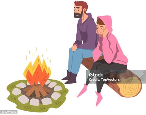 캠프 파이어 근처 앉아 온난화 커플 관광 사람들 하이킹 캠핑과 여름 휴가 만화 스타일 벡터 일러스트에서 휴식 0명에 대한 스톡 벡터 아트 및 기타 이미지 Istock