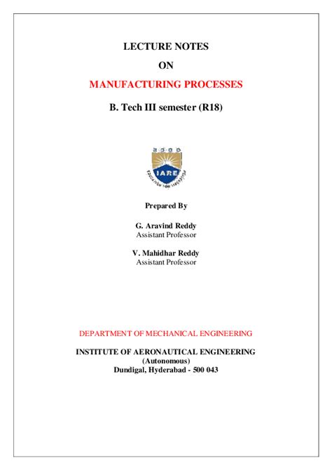 Pdf Lecture Notes On Manufacturing Processes B Tech Iii Semester R18