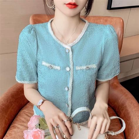 새상품 에이블리 하늘색 트위드 반팔 자켓 프리 헬로마켓